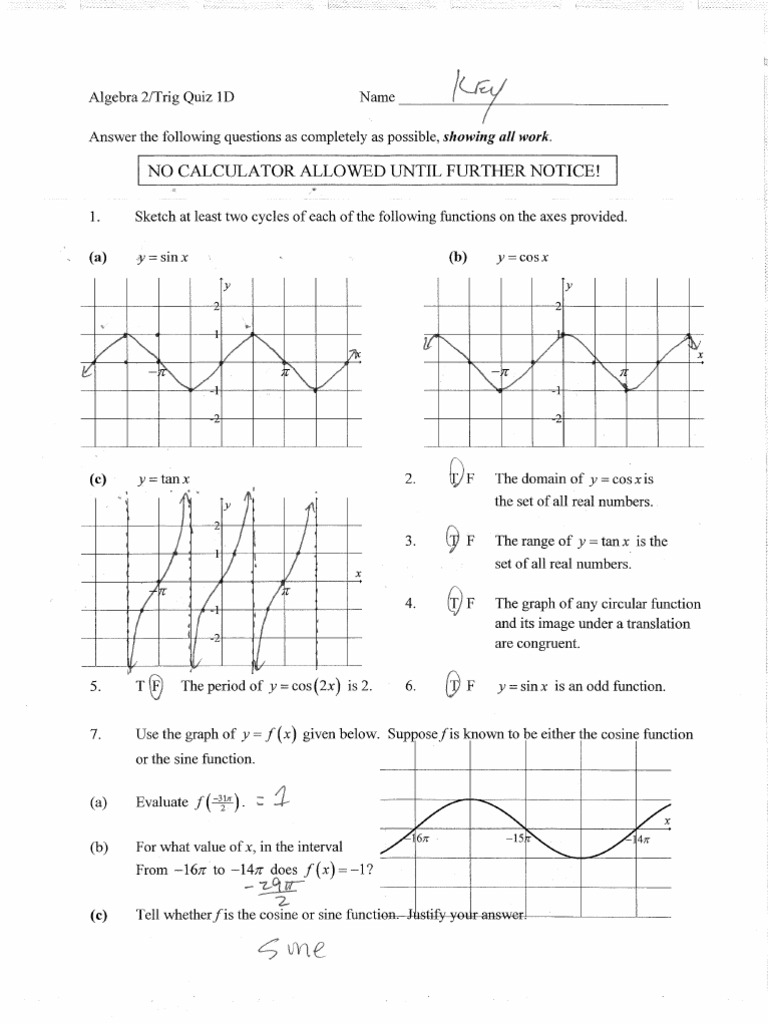 Trig Quiz 1-A Sample Answer Key | PDF | Trigonometric Functions | Sine