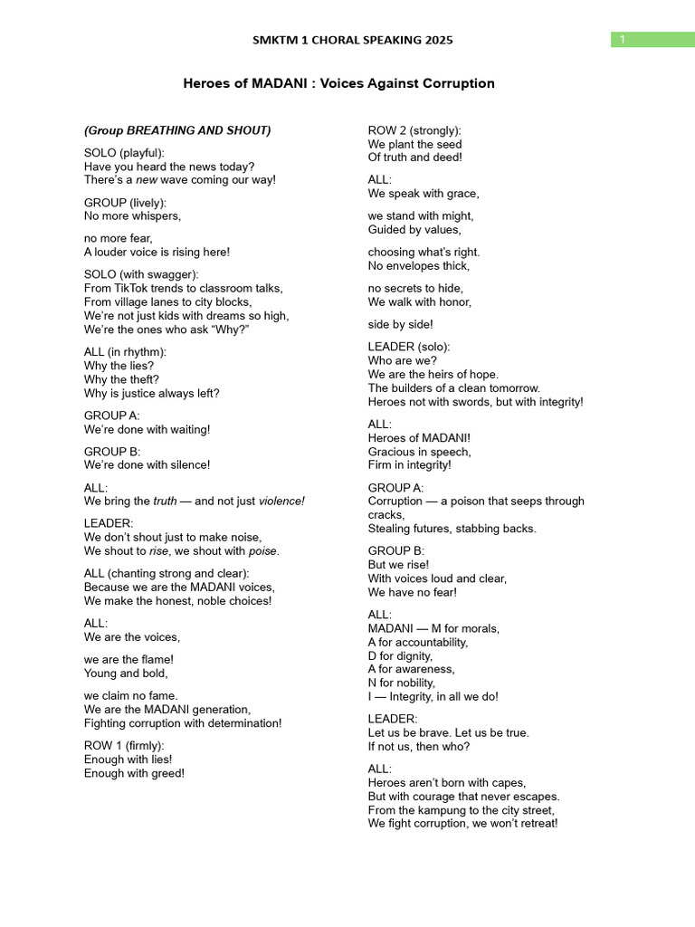 SMKTM 1 Choral Speaking 2025 | PDF