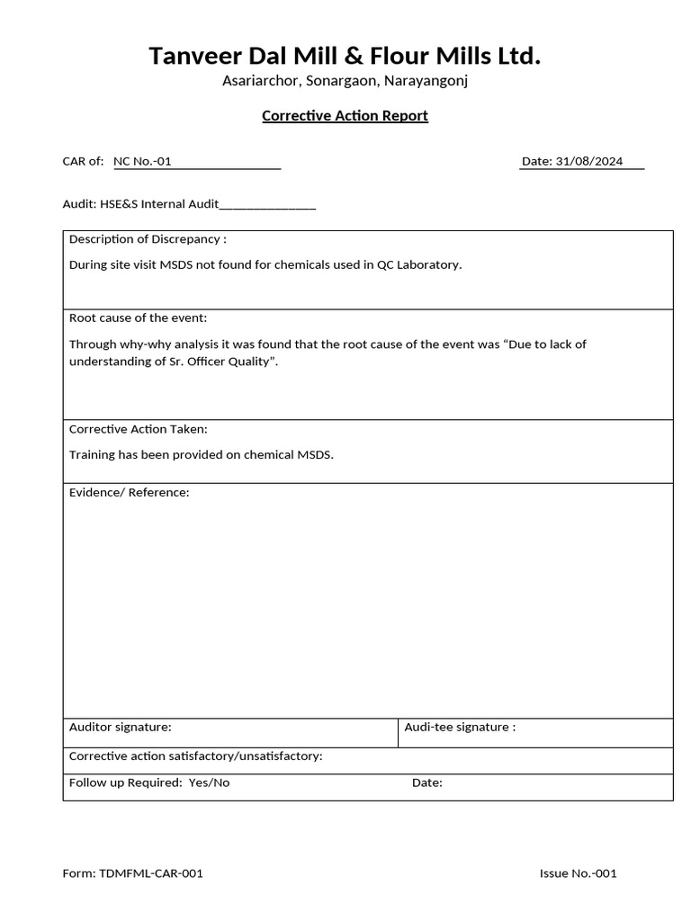 Corrective Action Report SFFL | PDF