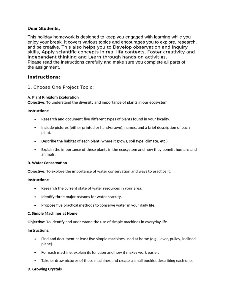 Science Holiday Homework Projects | PDF | Science | Learning