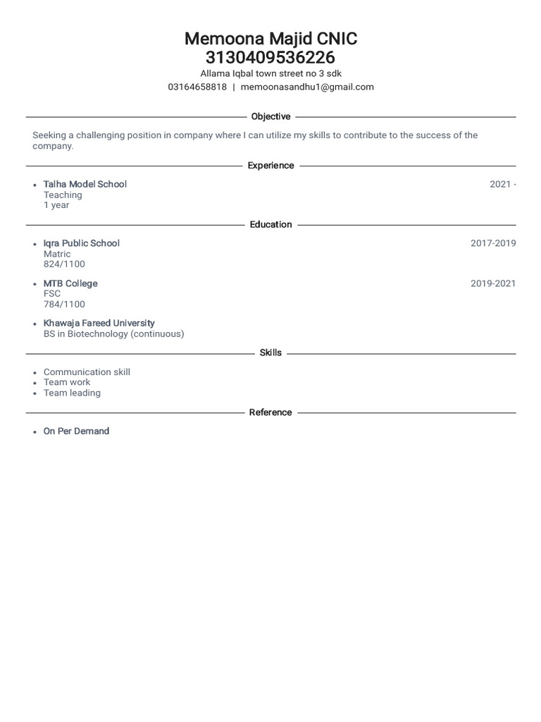 Resume of Memoona Majid | PDF