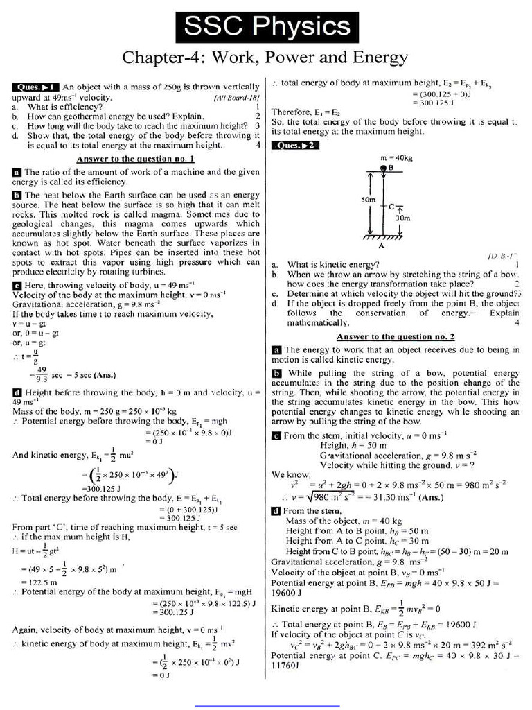 SSC English Version Physics Note Chapter 4 Work Power and Energy 1 | PDF