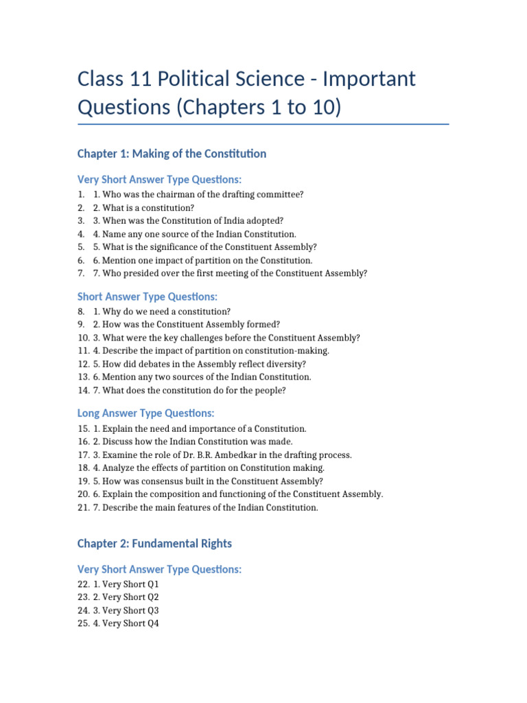 Class 11 Political Science Key Questions | PDF | Political Charters ...