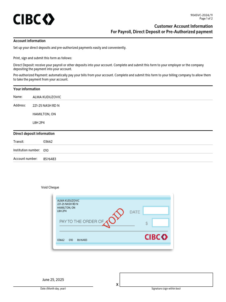 CIBC Direct Deposit Setup Form | PDF | Cheque | Payments