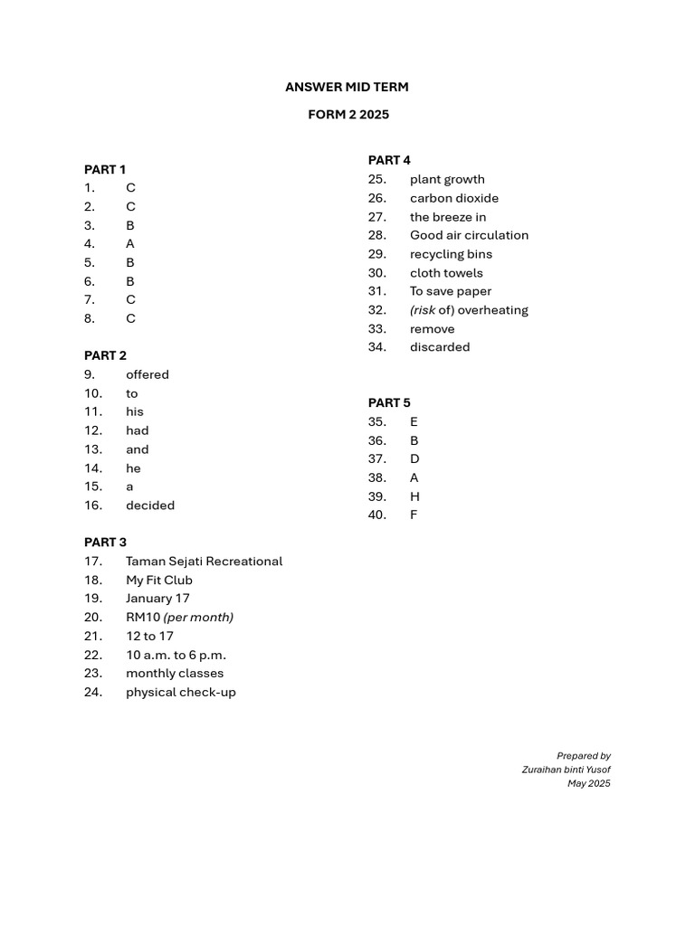 Answer Scheme Reading Form 2 PPT 2025 | PDF