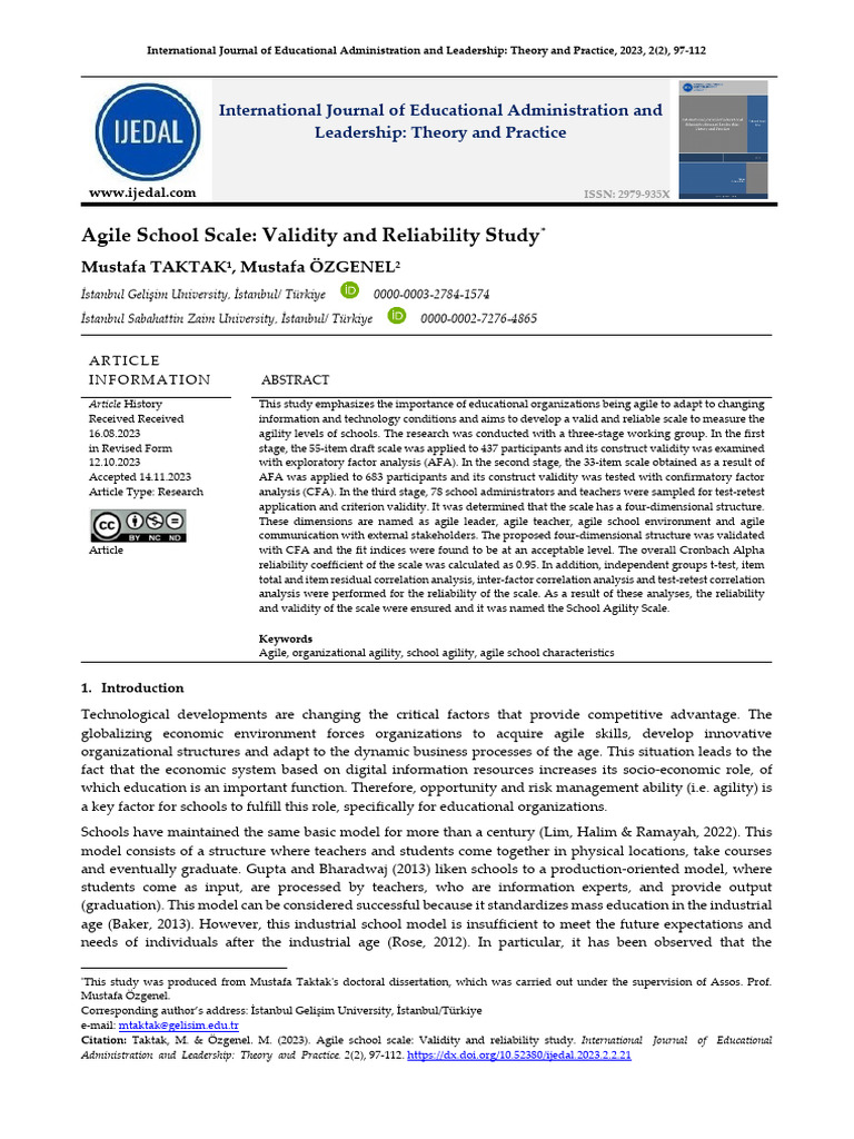 Agile School Scale: Validity and Reliability | PDF | Normal ...