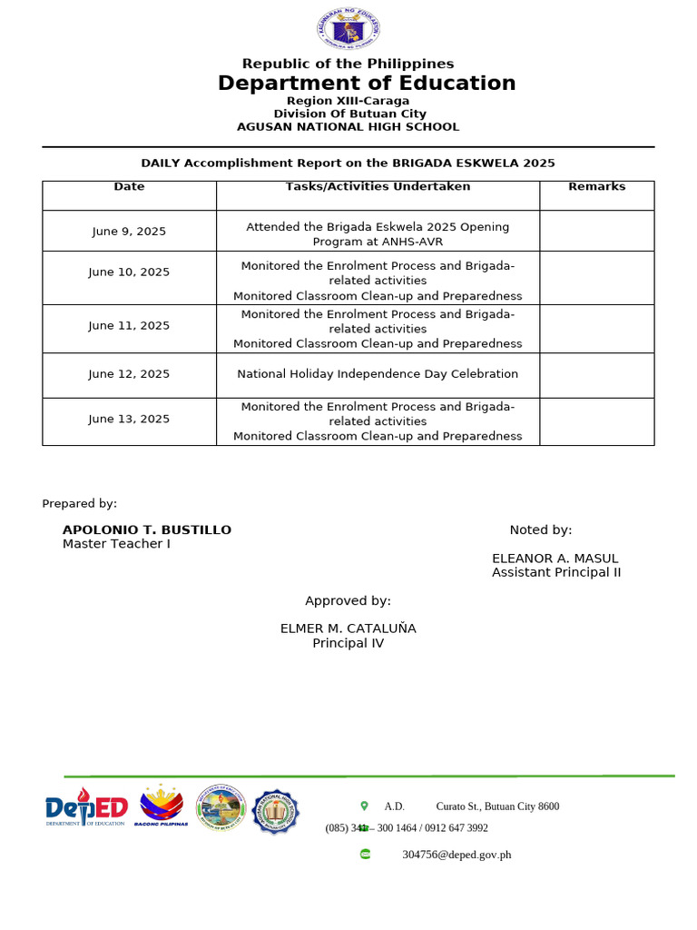 Brigada 2025 Eskwela Daily Accomplishment Report | PDF | Philippines ...