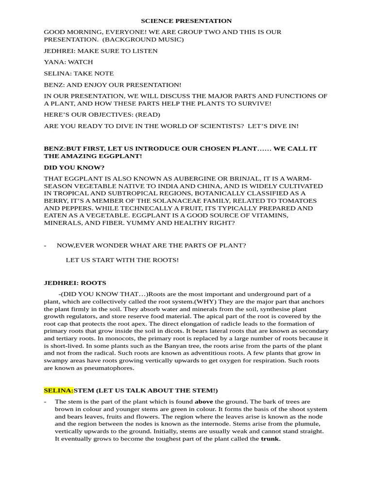 Science Presentation Script | PDF | Leaf | Plant Stem