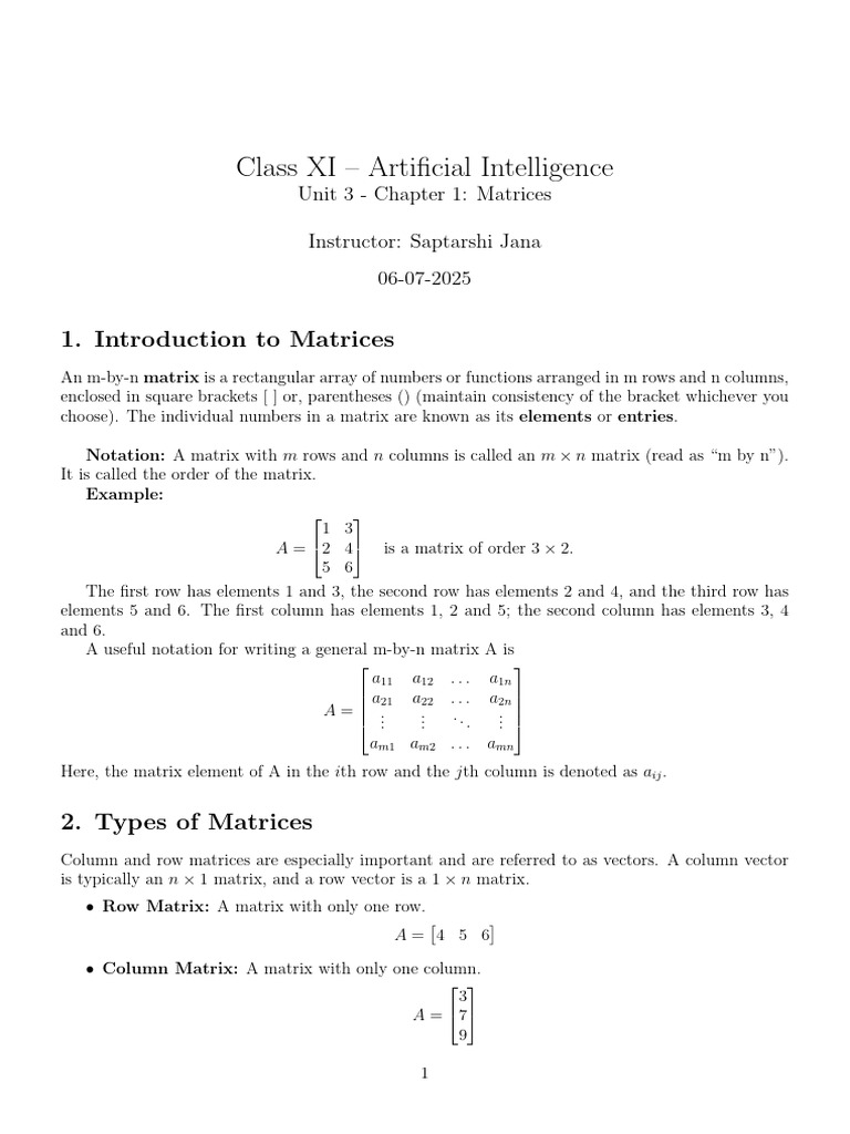 XI Ch3 1 Matrices Study Material | PDF | Matrix (Mathematics) | Multiplication