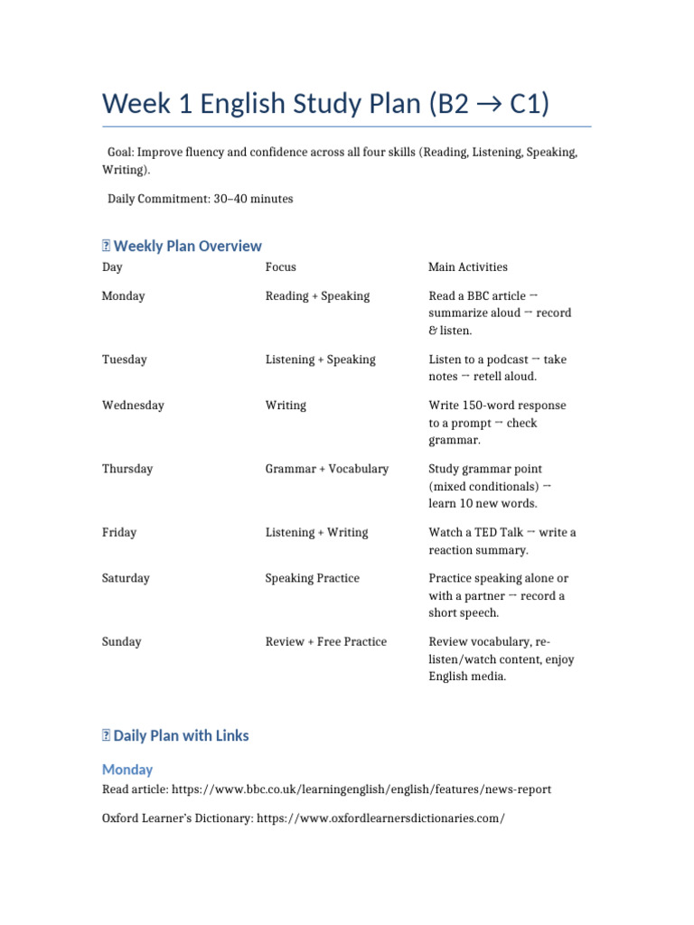 B2 to C1 Weekly English Study Plan | PDF | Vocabulary | Language ...