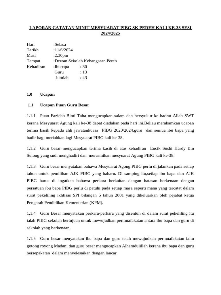 Catatan Minit Mesyuarat Pibg 2024 | PDF