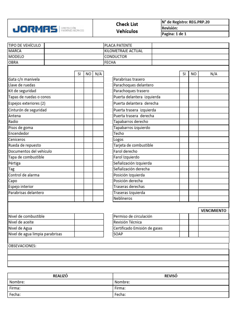 REG - PRP.20 Check List Vehículos | PDF | Vehículos | Tecnologías ...