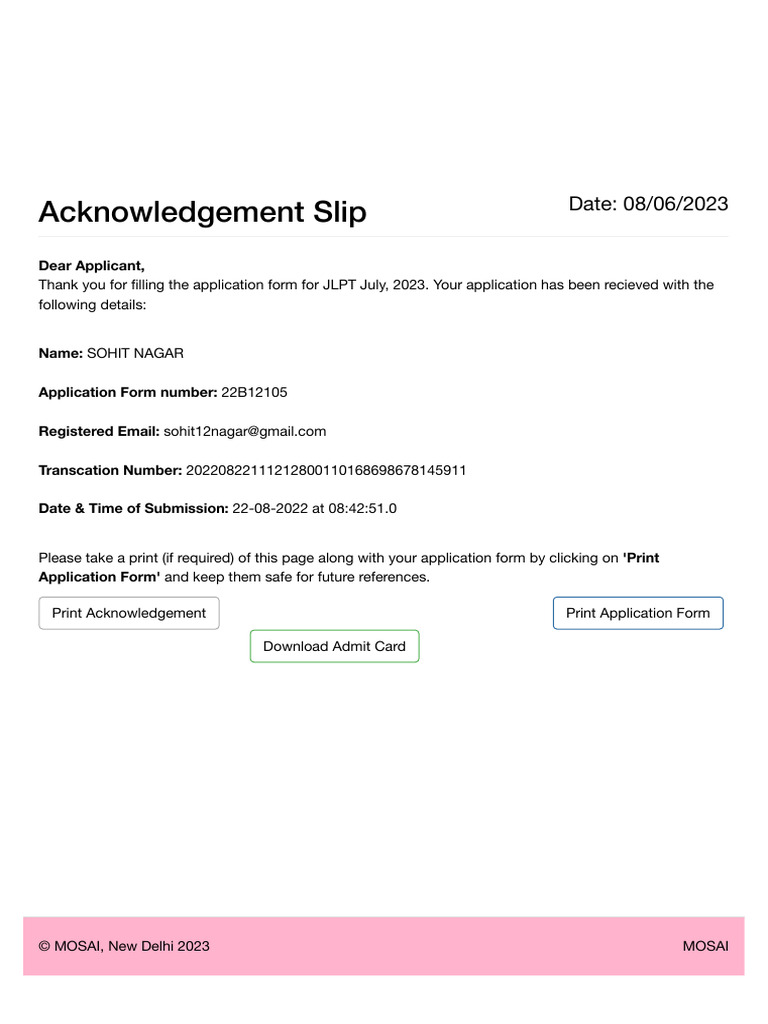 JLPT Application Form Acknowledgement | PDF