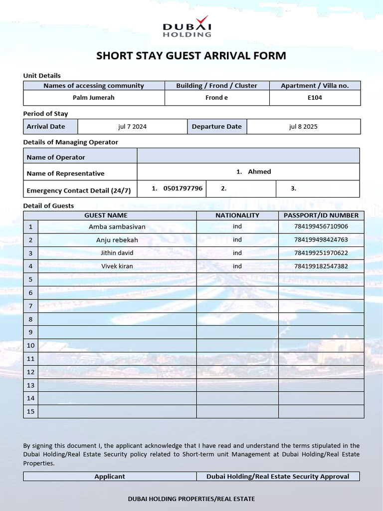 Short Stay Guest Arrival Form: Palm Jumerah Frond e E104 | PDF