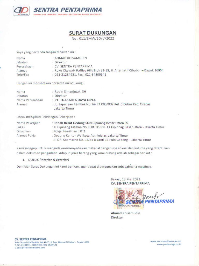 A Surat Dukungan Cat Dulux Sentra | PDF