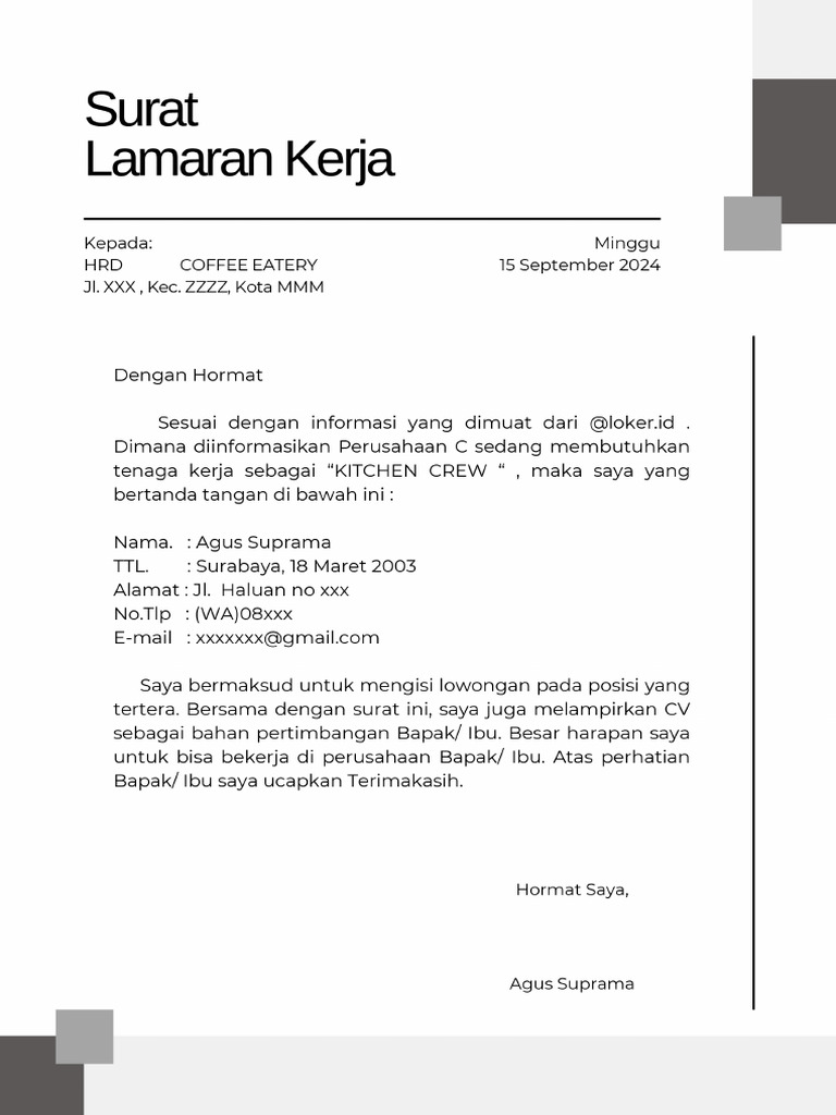 Contoh Surat Lamaran Kerja Dengan Posisi Kitchen Crew | PDF
