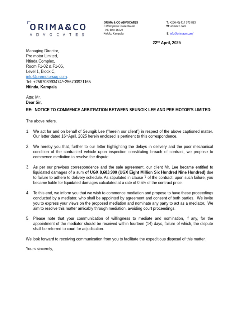 Notice To Commence Mediation | PDF