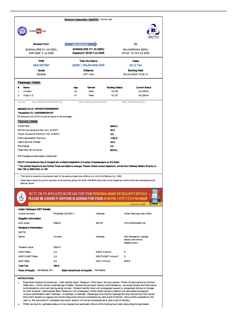 Bangalore to Balharshah Train Booking | PDF | Identity Document | Payments