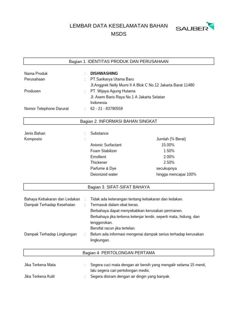 MSDS Dishwashing (Terjemah) | PDF