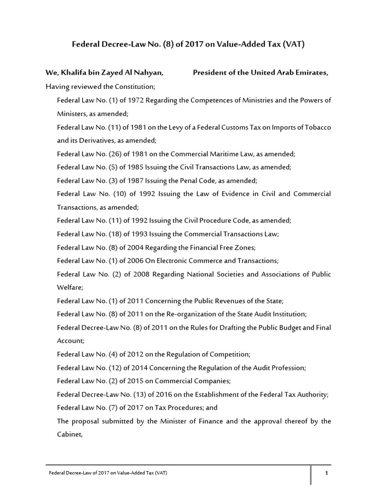 Federal Decree by Law No. (8) of 2017 Concerning Value-Added Tax (VAT ...