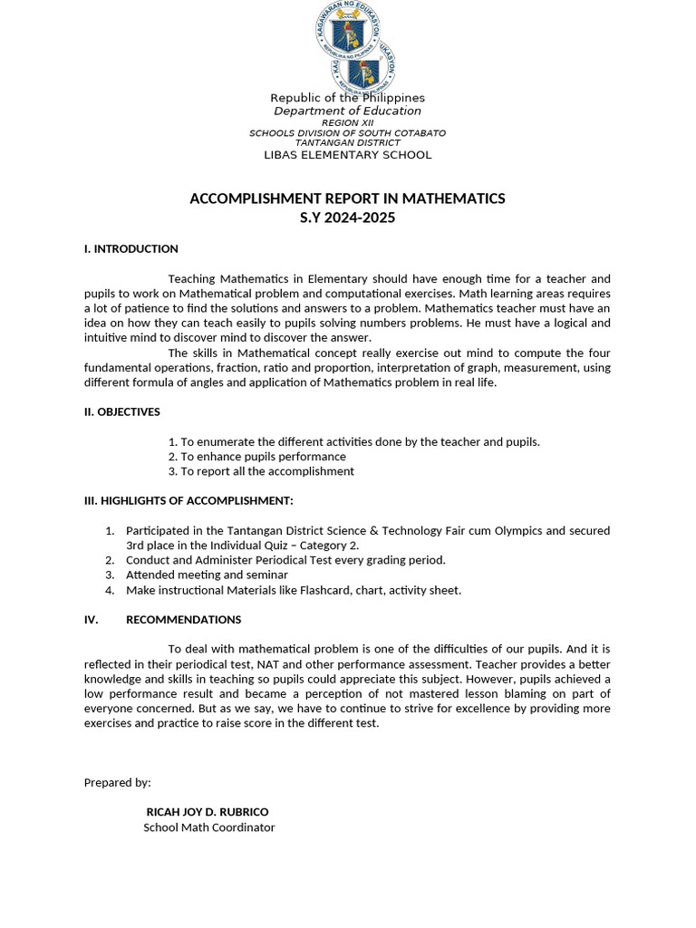 Accomplishment Report in Math 2024-2025 | PDF | Mathematics | Teachers