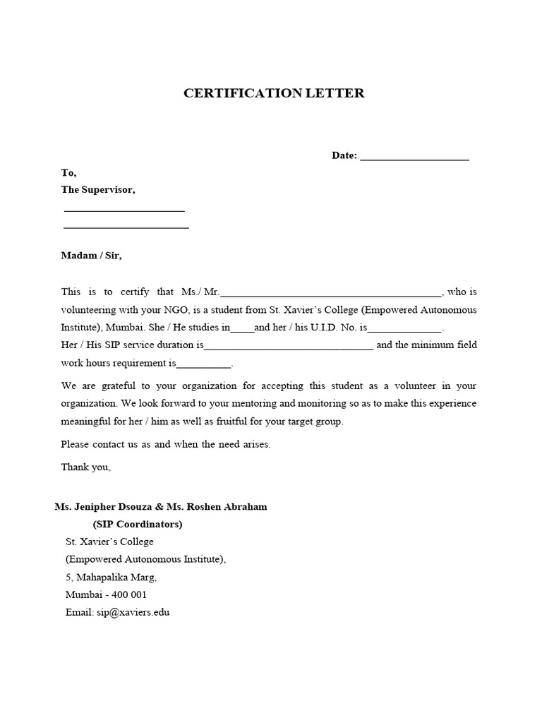 NGO Certification for St. Xavier's Students | PDF