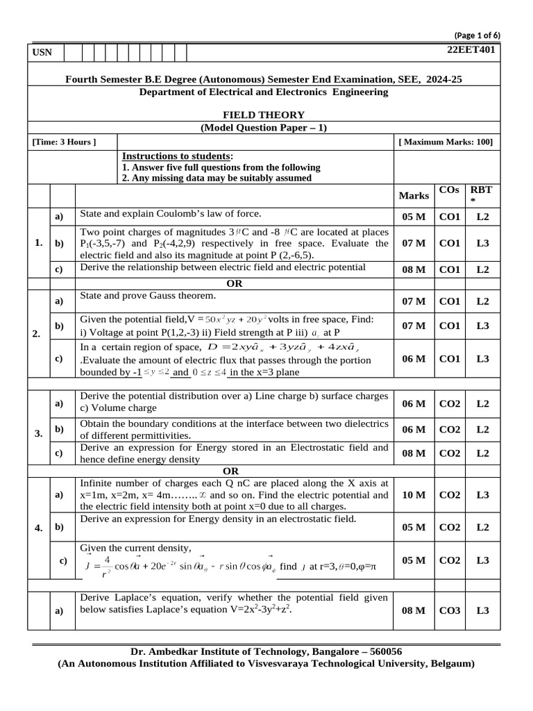 FT Model Papers 22EET401 | PDF | Magnetic Field | Electric Field