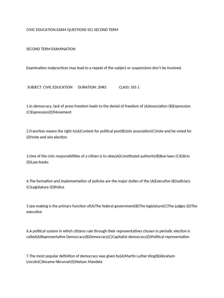 SS1 Civic Education 2024 | PDF | Democracy | Political Ideologies