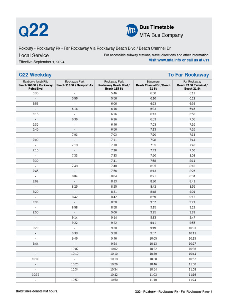 MTA Q22 Bus Timetable 20240901 | PDF | New York City | Passenger Rail ...
