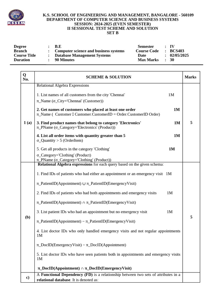 Dbms Ia 2 Set B Scheme | PDF | Computer Programming | Databases