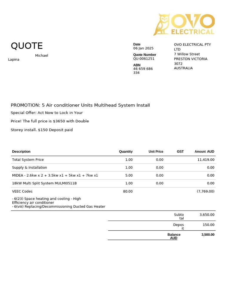 Air Conditioner Installation Quote | PDF | Air Conditioning | Energy ...