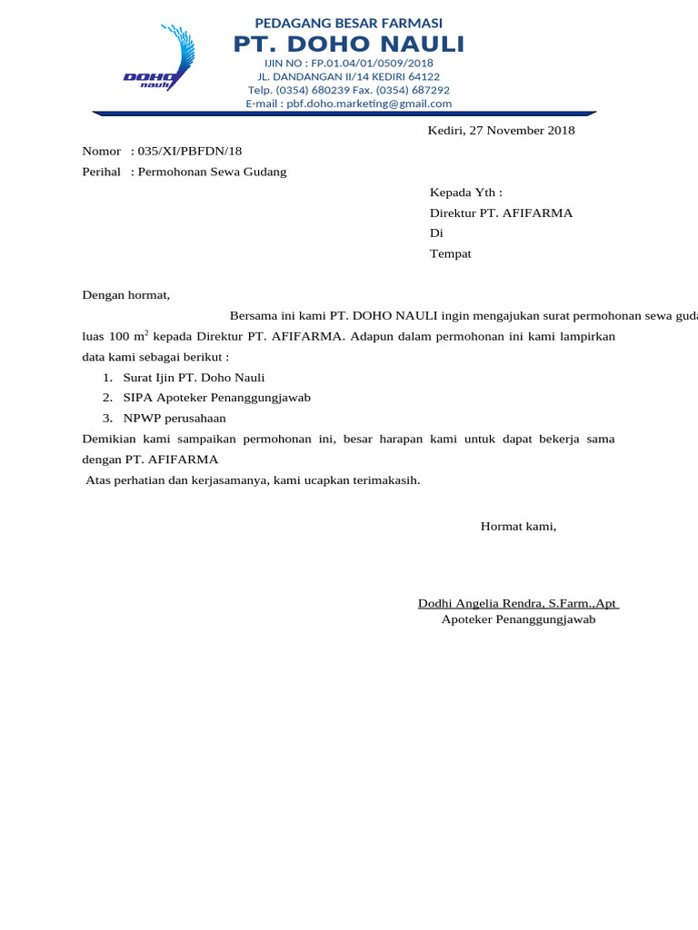 Permohonan Sewa Gudang PT. Doho Nauli | PDF