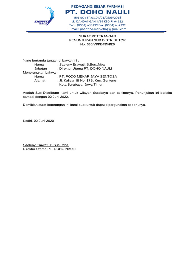 Penunjukan Sub Distributor PT. Doho Nauli | PDF