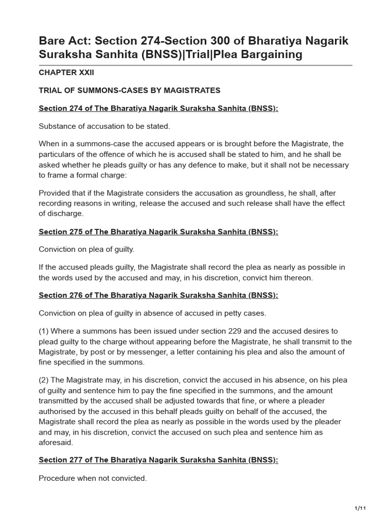 Bare Act Section 274-Section 300 of Bharatiya Nagarik Suraksha Sanhita BNSSTrialPlea Bargaining ...