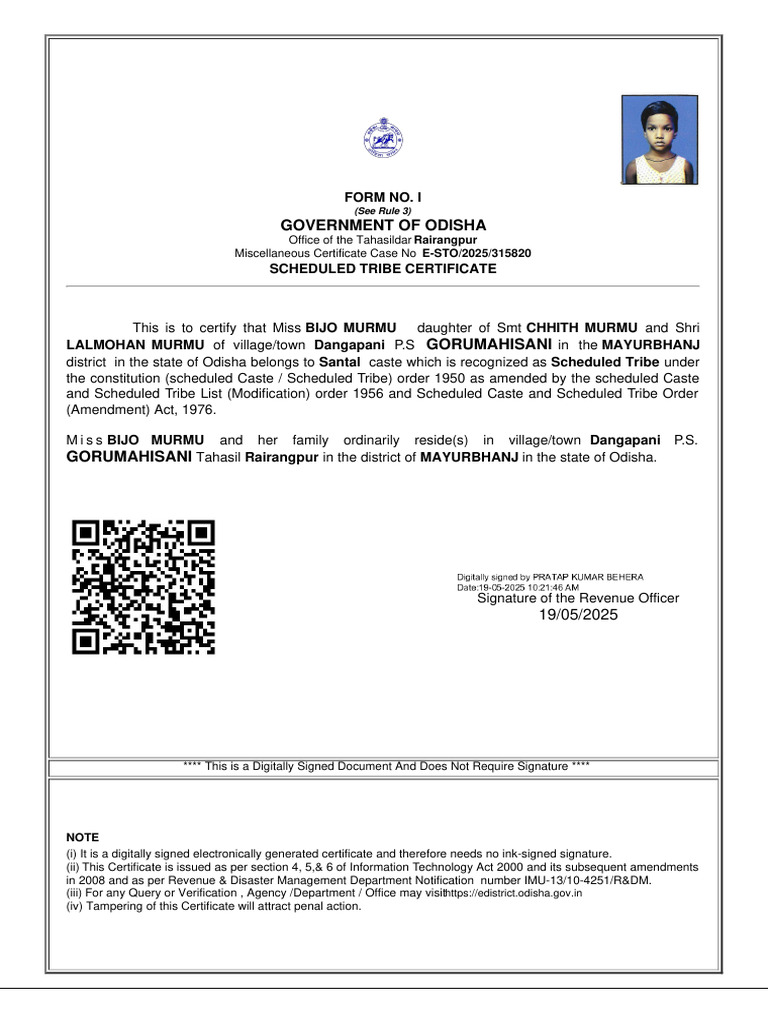 Schedule Tribe Certificate. | PDF