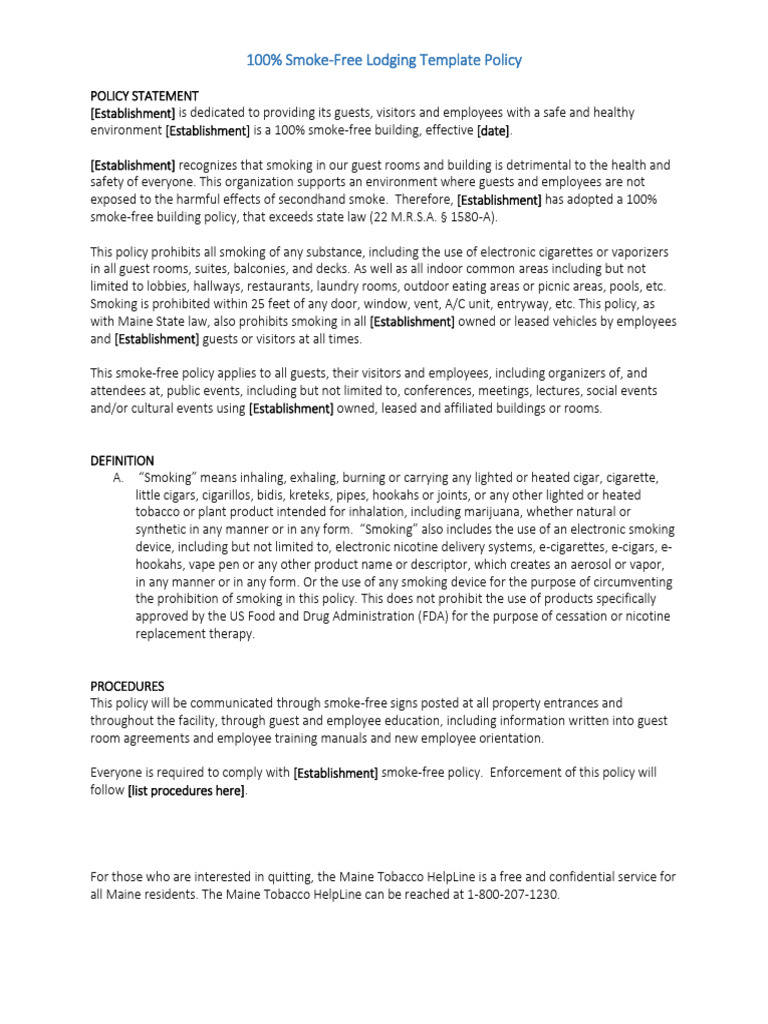 100% Smoke-Free Hotel Policy Template | PDF | Electronic Cigarette ...