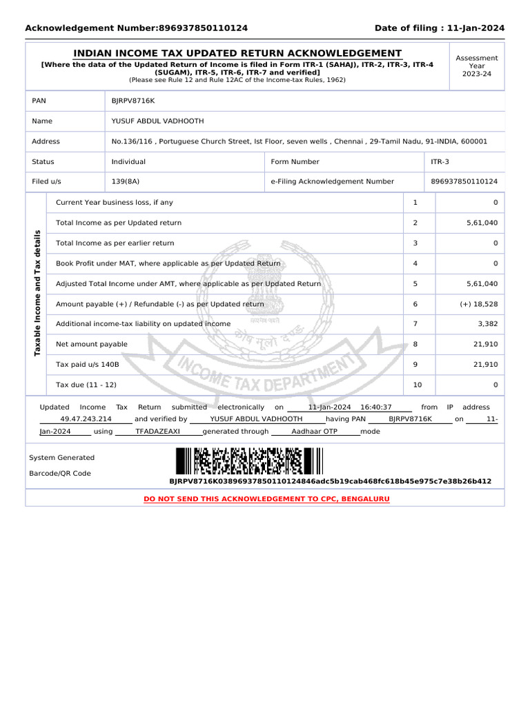 Vadhooth - Itr Ay 23-24 (Saral) | PDF | Income Tax | Taxes