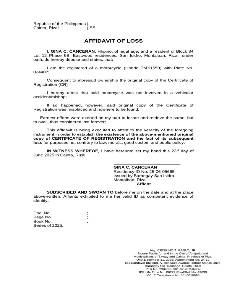 Affidavit of Loss or CR | PDF | Affidavit | Evidence