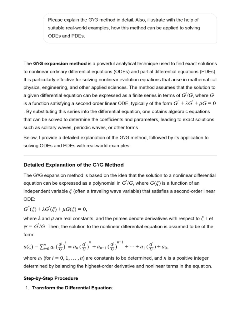 G' - G Method For Solving ODEs and PDEs - Grok-02 | PDF | Differential Equations | Partial ...