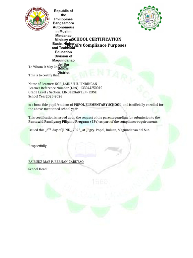 School Certification For 4Ps | PDF