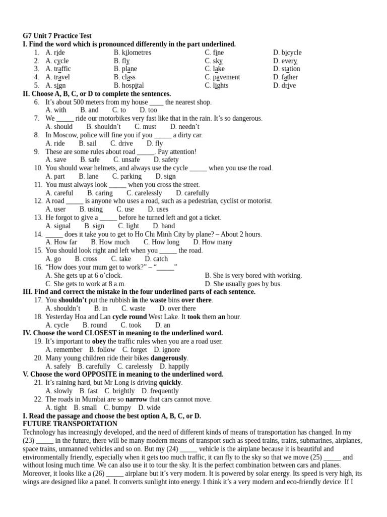 G7 Unit 7 Practice Test Overview | PDF | Road | Traffic