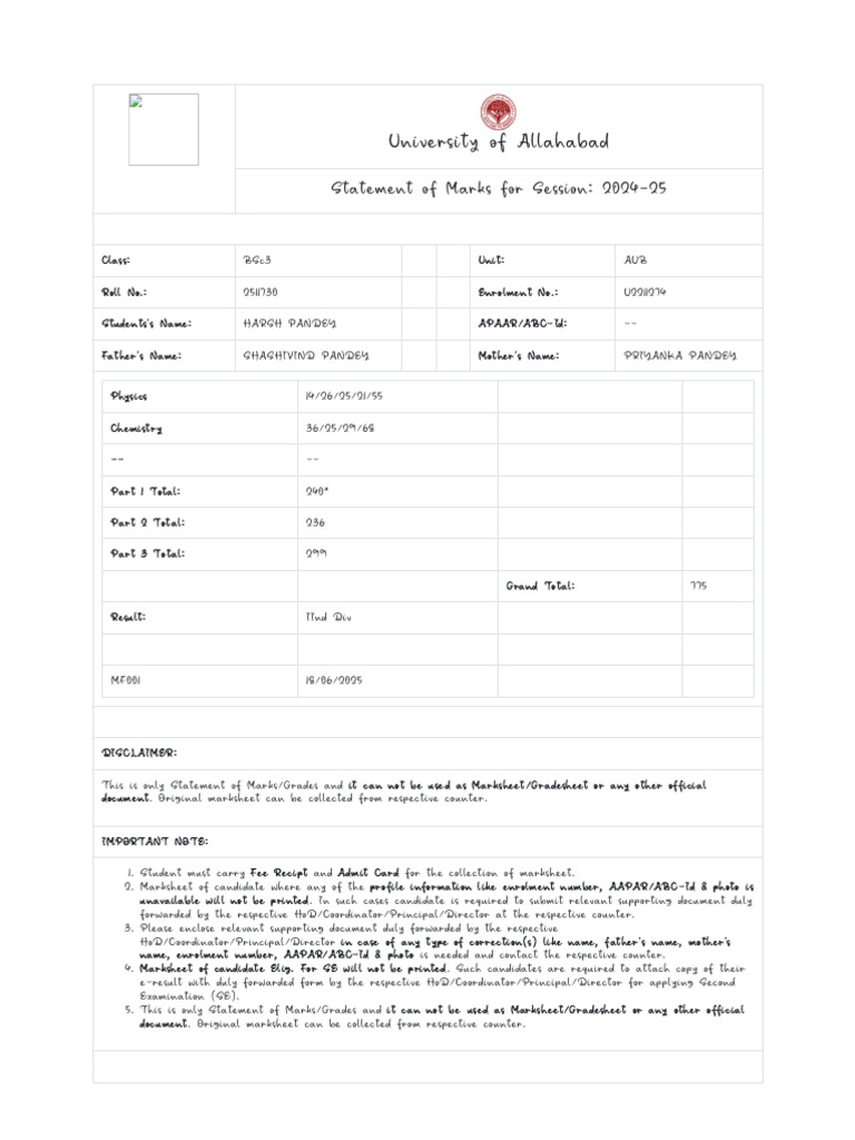 Statement of Marks - University of Allahabad | PDF