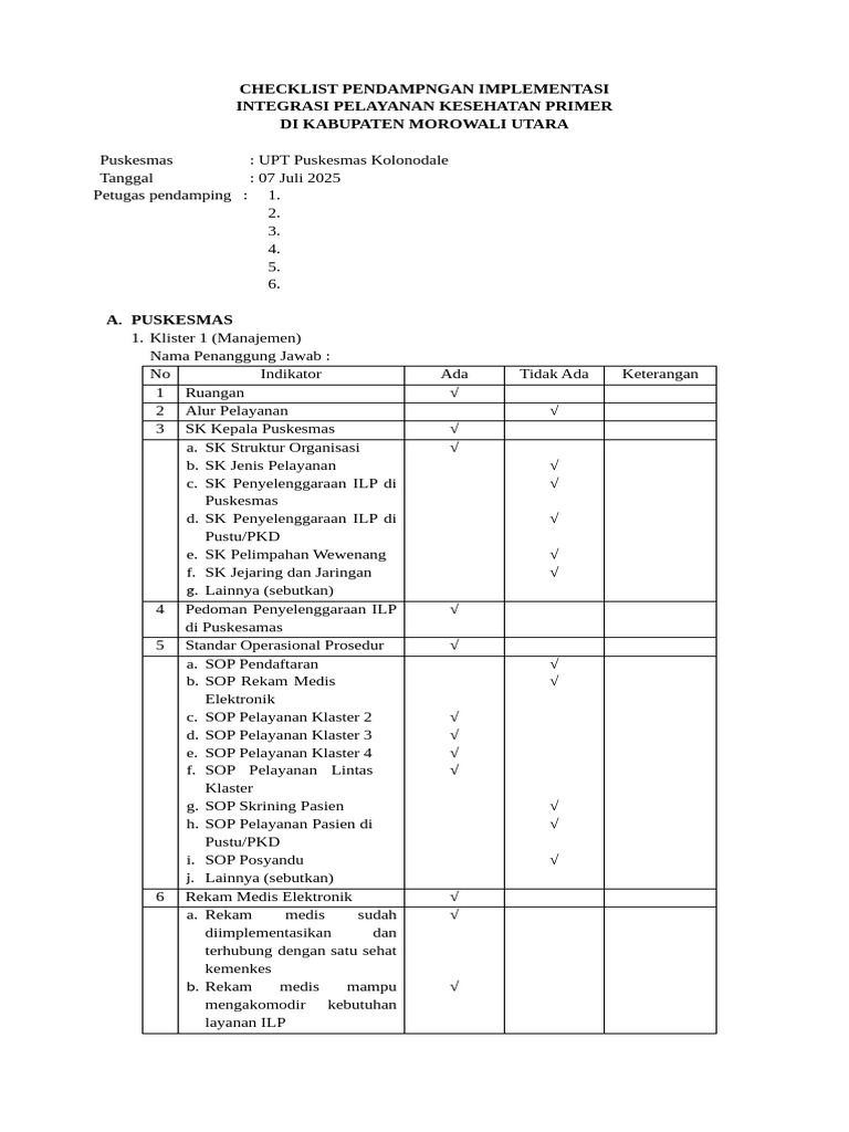 Checklist Pendampngan Implementasi Morut | PDF