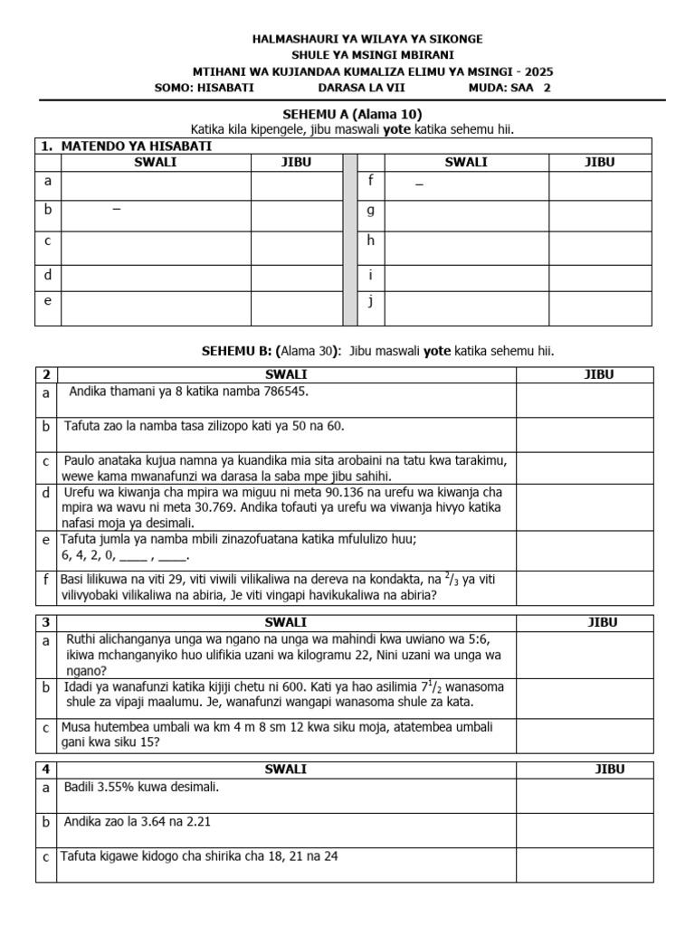 Hisabati STD Vii - Jun 2025 | PDF