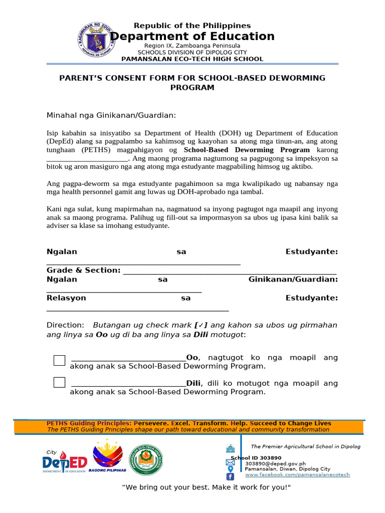 Deworming Parents Consent Bisaya | PDF