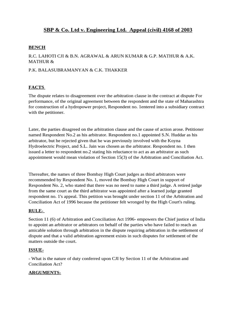 Case Brief SBP and Co LTD V Engineering LTD Shreya Singh | PDF | Arbitration | Arbitral Tribunal