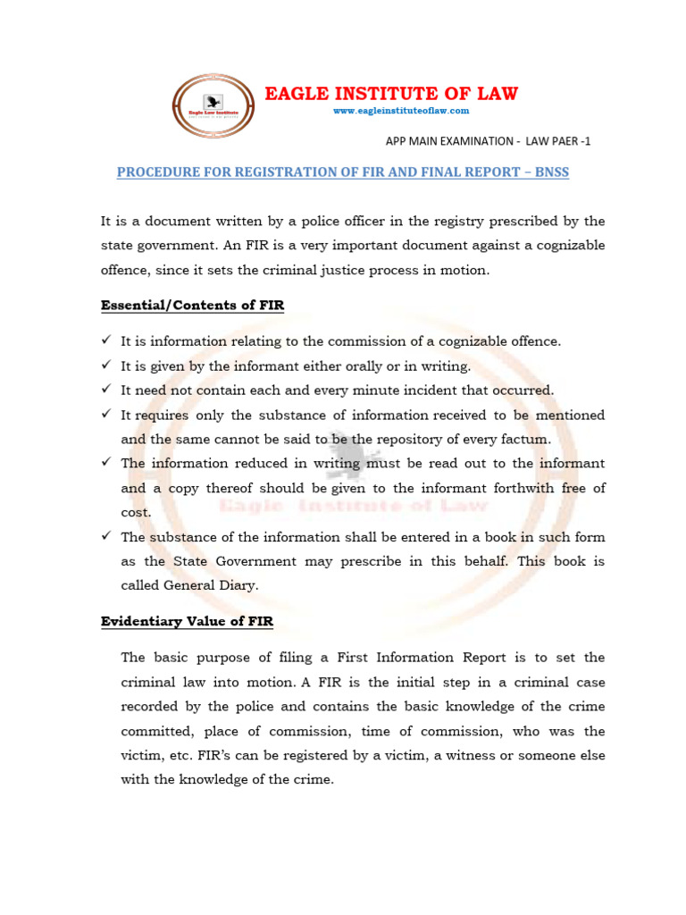Revised - Procedure For Registration of Fir and Final Report - Bnss | PDF | Arrest | Bail