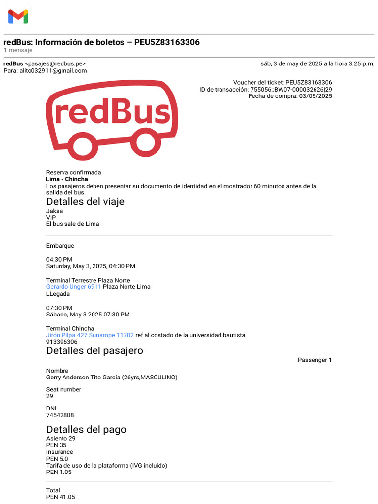 Gmail - RedBus - Información de Boletos - PEU5Z83163306 | PDF