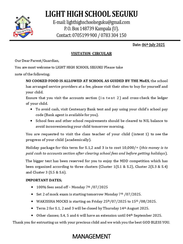 Light High School Seguku Visitation Notice | PDF
