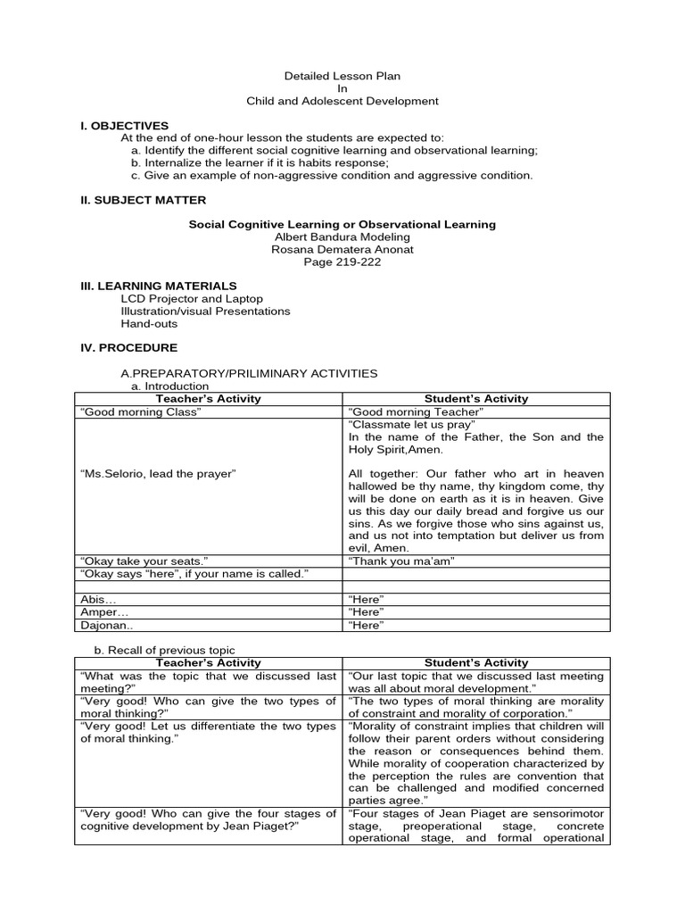 Social Cognitive Learning Lesson Plan | PDF | Psychology | Liberal Arts ...